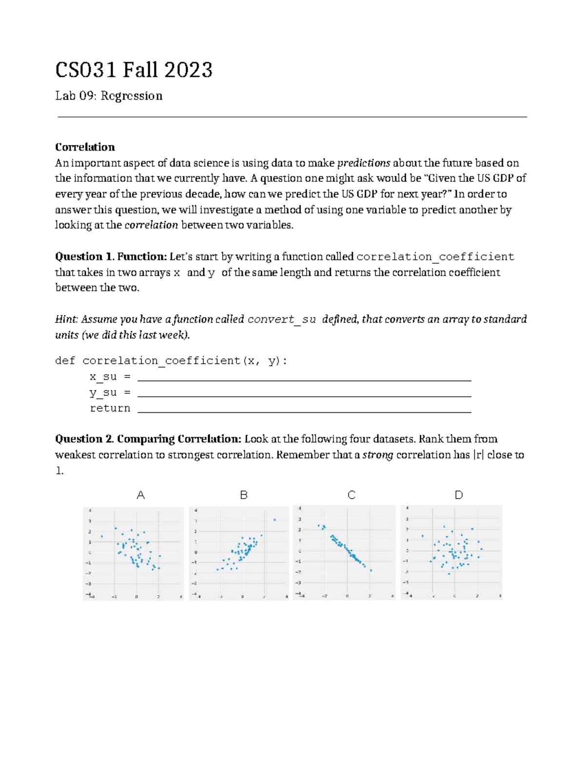 CS031 Fall 2023 Lab 09: Regression & Correlation Analysis Worksheet ...