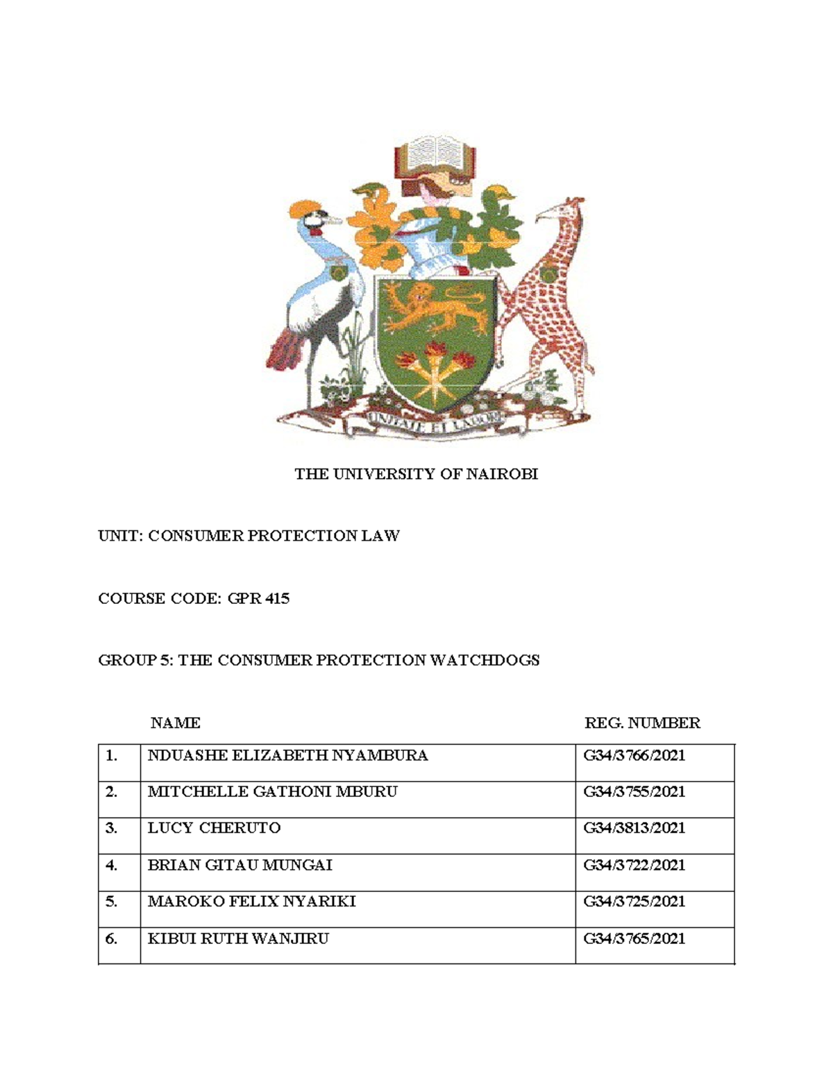 Group 5 Consumer Protection CAT (1 - THE UNIVERSITY OF NAIROBI UNIT ...