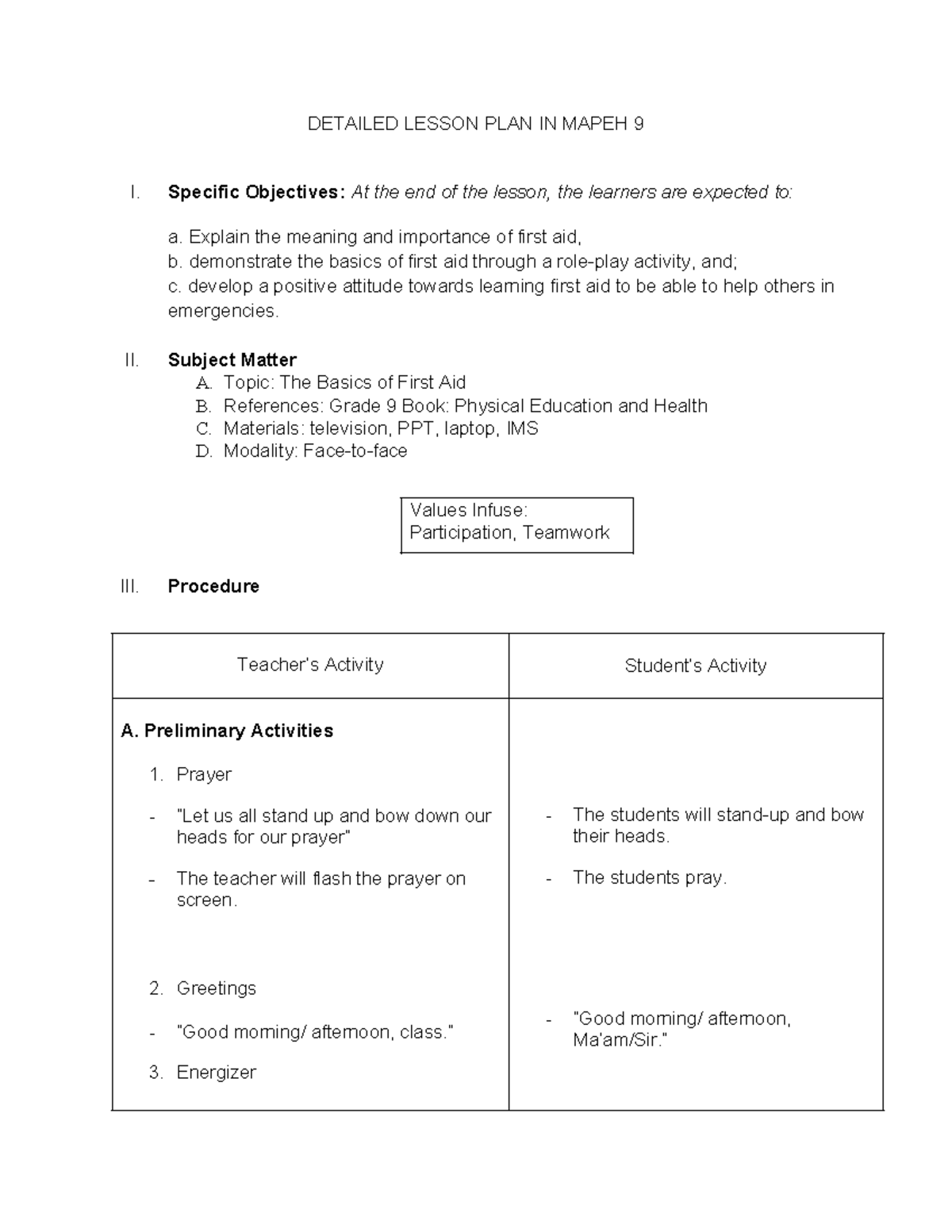 DLP MAPEH 9: Lesson Plan on Basic First Aid for Grade 9 Students - Studocu