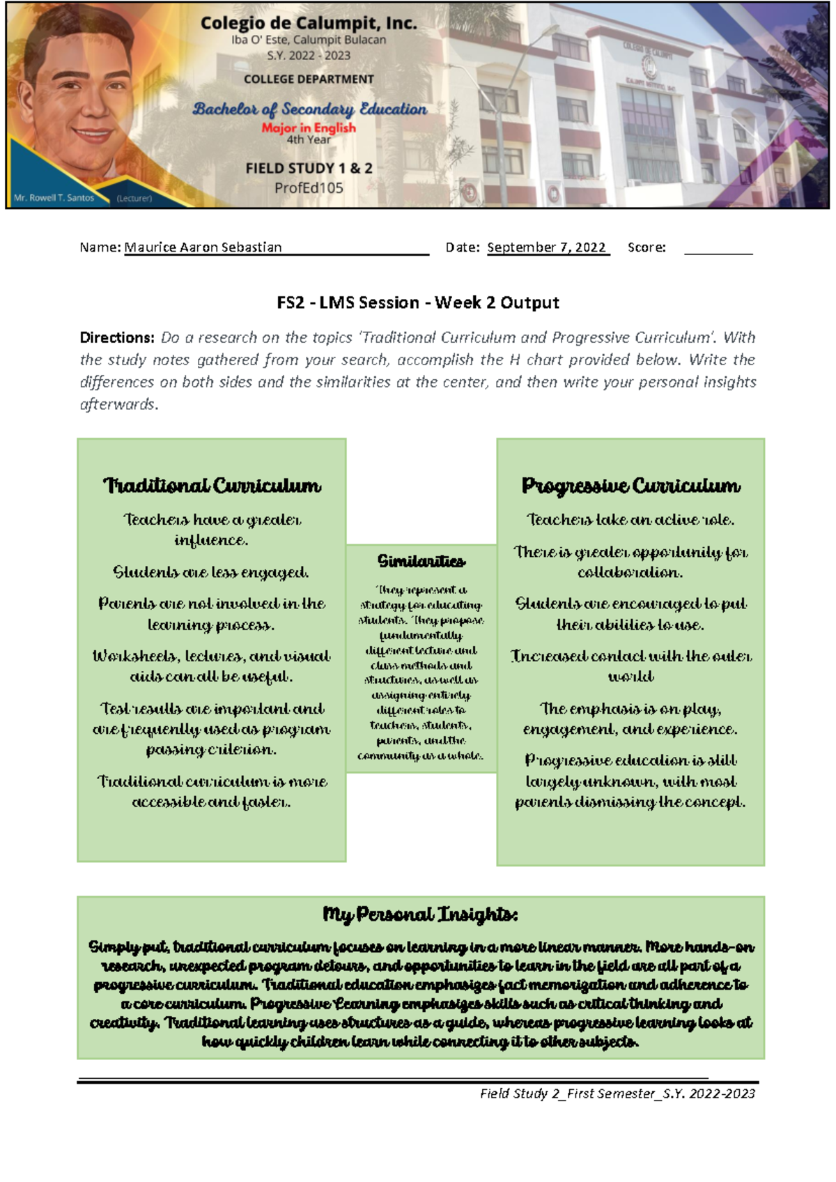 FS2 - LMS Week 2 Output: Traditional vs. Progressive Curriculum - Studocu