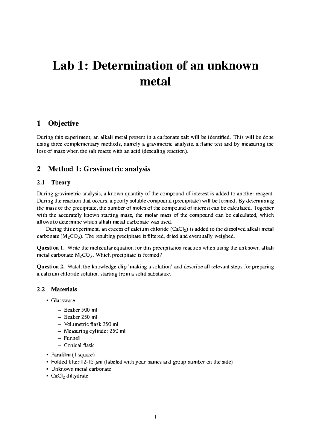 Lab 1: Identifying an Unknown Metal via Multiple Methods - Studocu