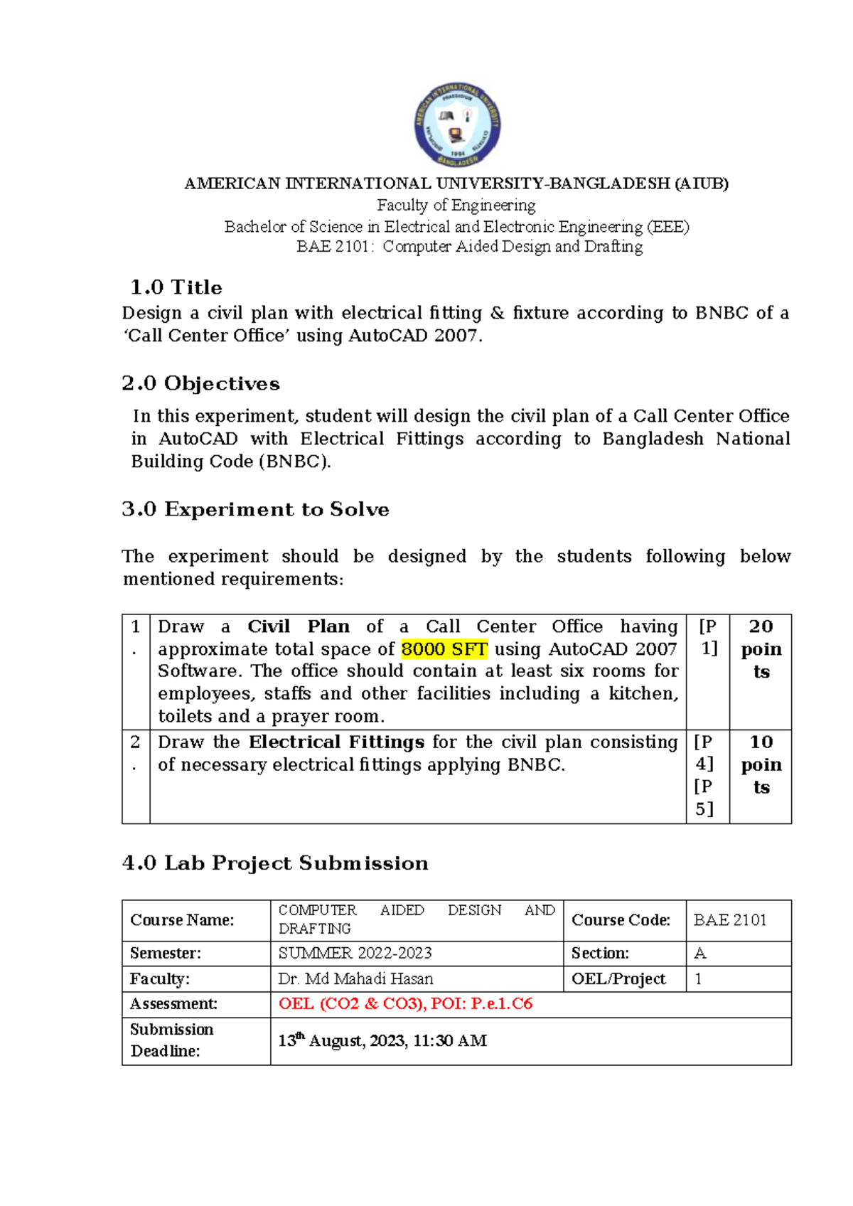 CAD Exp 10: Civil Plan & Electrical Fittings for Call Center - BAE 2101 ...