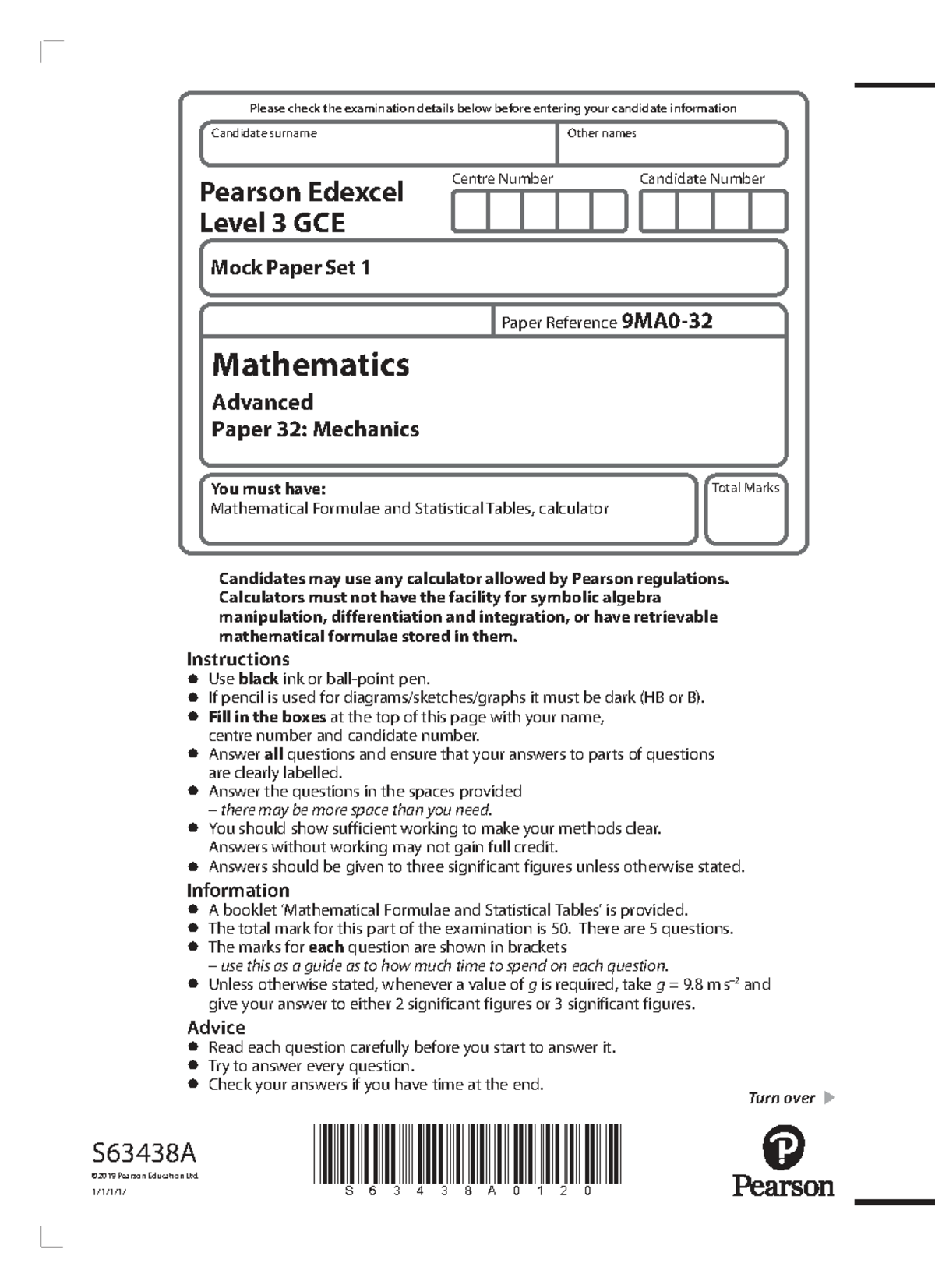0s1 9MA0-32 Mechanics - Mock Exam Paper Set 1 - Studocu