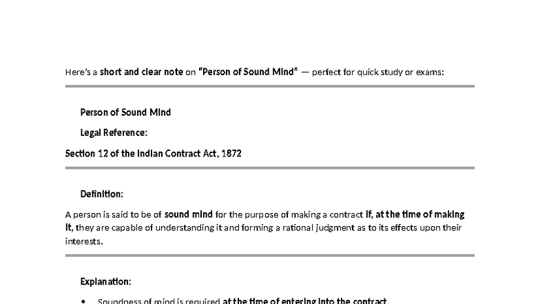 Sound Mind - Study Material on Indian Contract Act, 1872 - Studocu