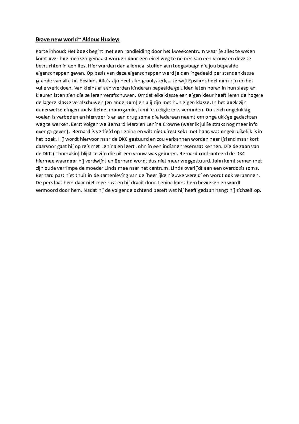 Brave new world tekst - boekverslag - Brave new world~ Aldous Huxley ...