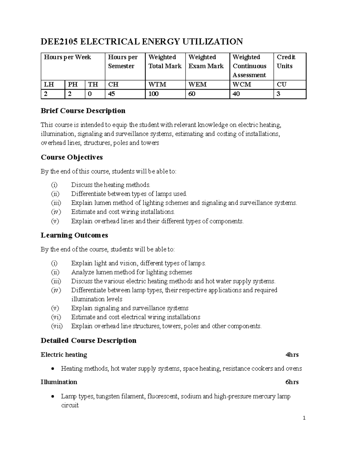 DEE2105 Course Outline: Electrical Energy Utilization Overview - Studocu