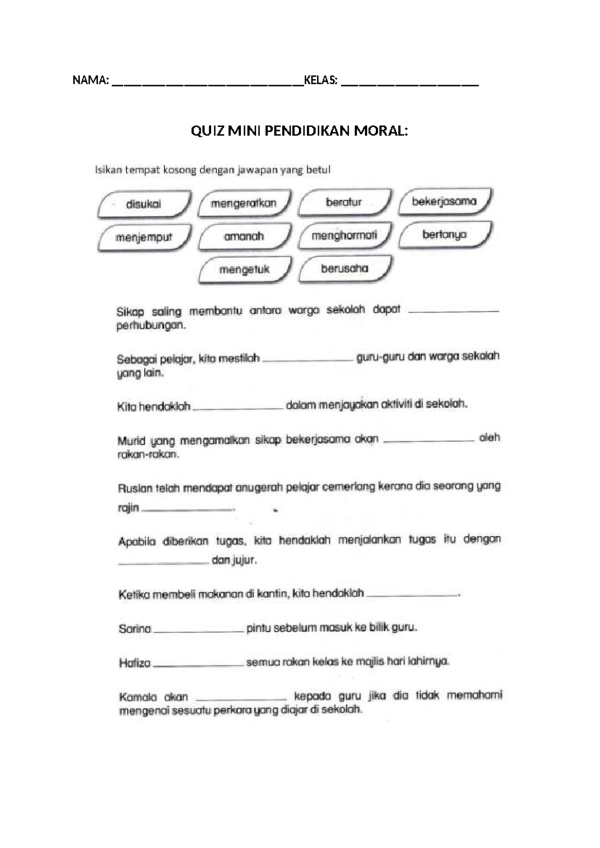 QUIZ MINI PENDIDIKAN MORAL: Soalan dan Jawapan - Studocu