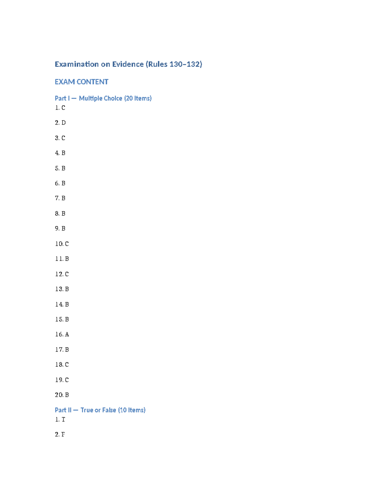 Evidence Exam (Rules) - Answer Key for Multiple Choice & True/False ...