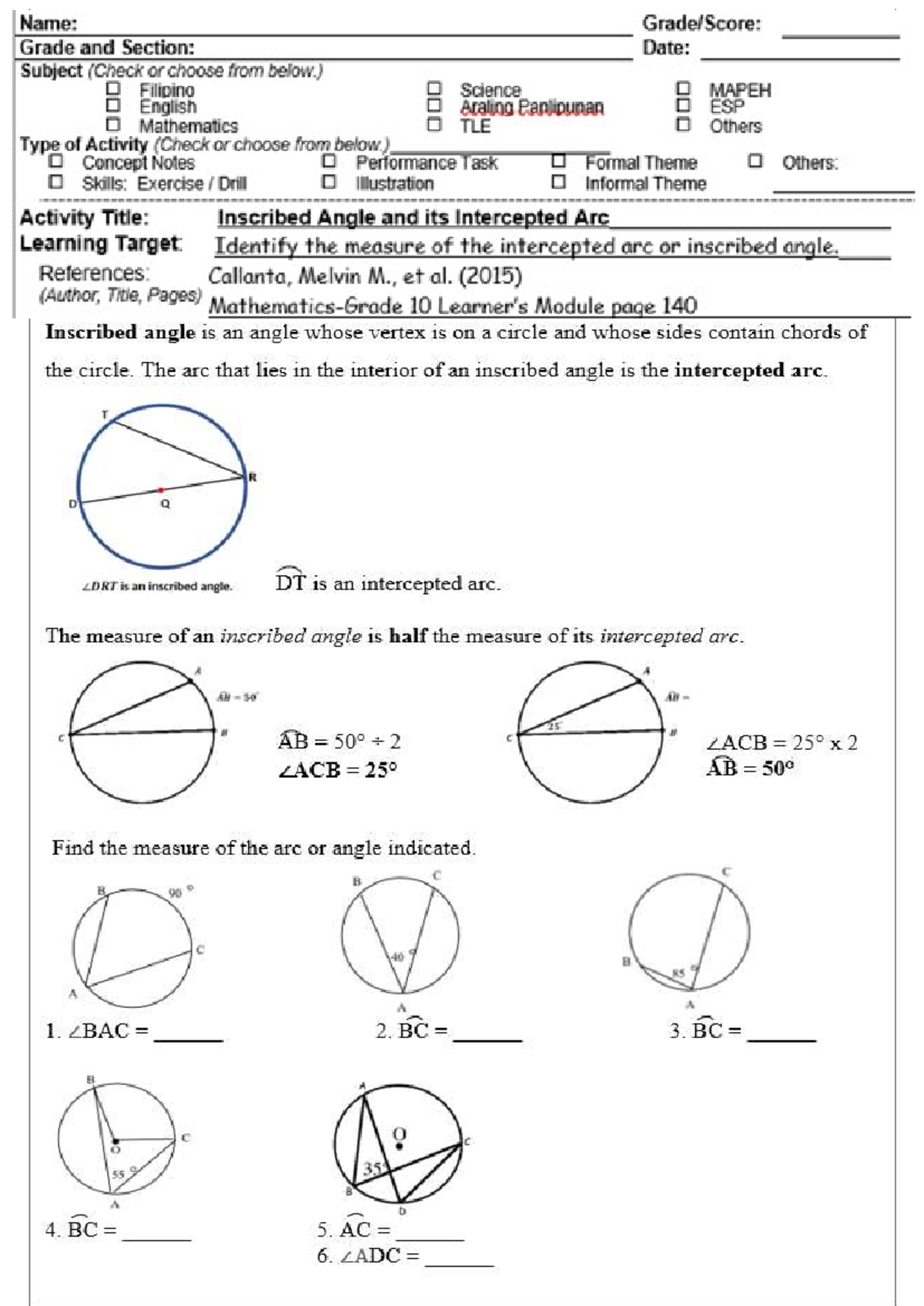 MATH 101: Inscribed Angle & Intercepted Arc Concept Notes - Studocu