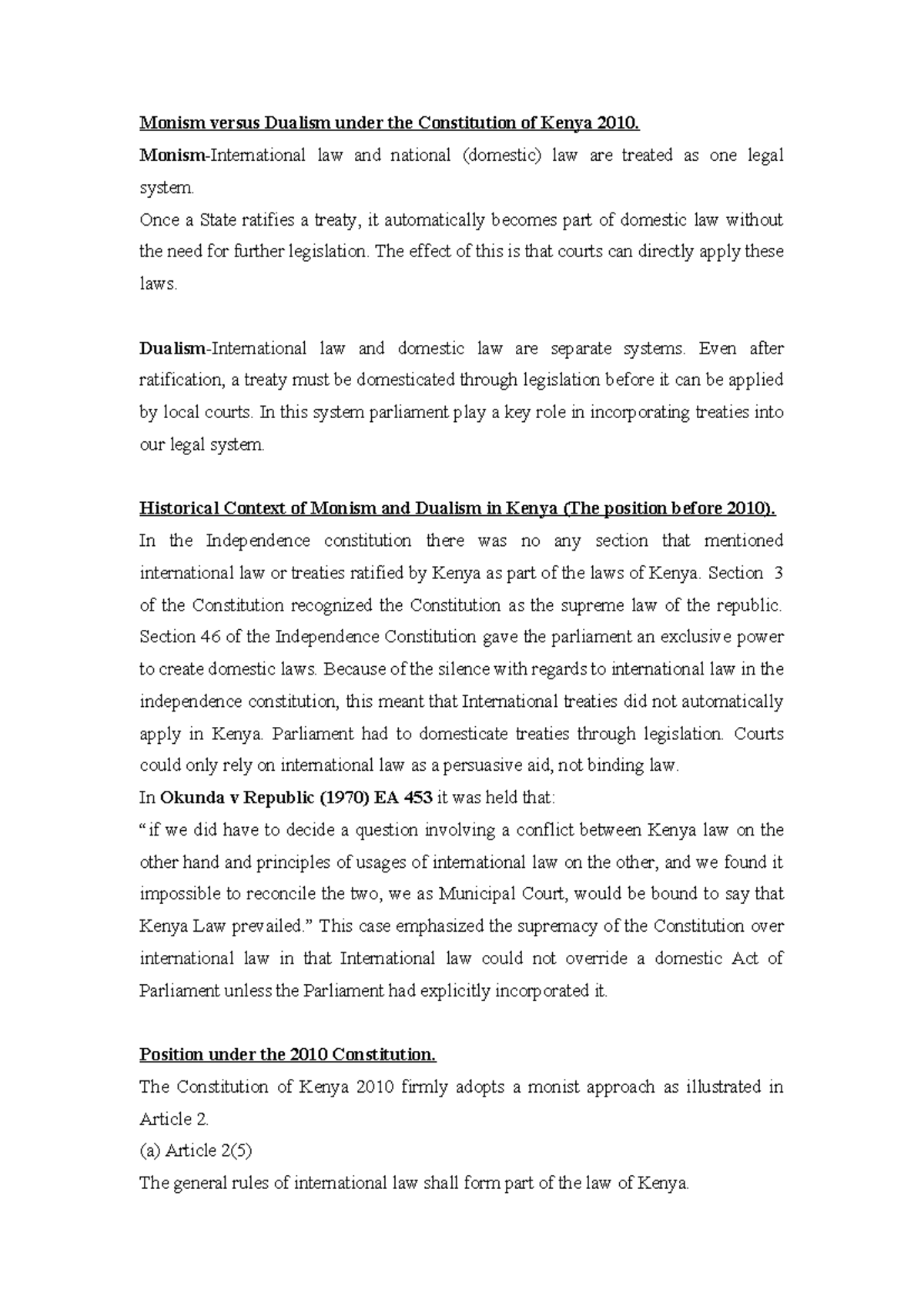 Monism vs Dualism: Legal Framework in Kenya's 2010 Constitution - Studocu