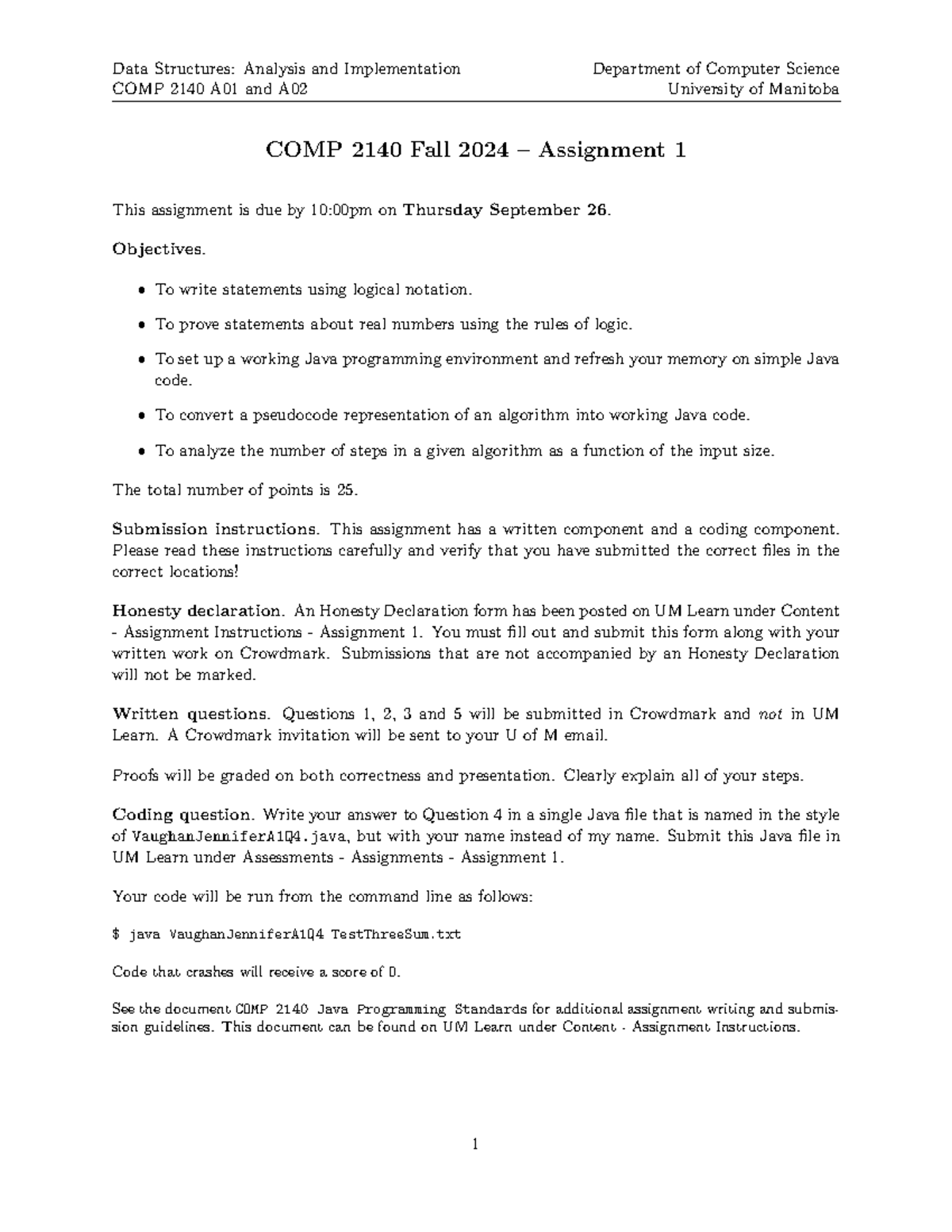 COMP2140-A1-Fall2024 - COMP 2140 A01 and A University of Manitoba COMP 2140 Fall 2024 ...