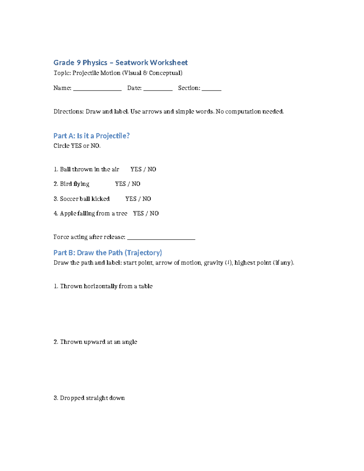 Grade 9 Physics Seatwork: Understanding Projectile Motion - Studocu