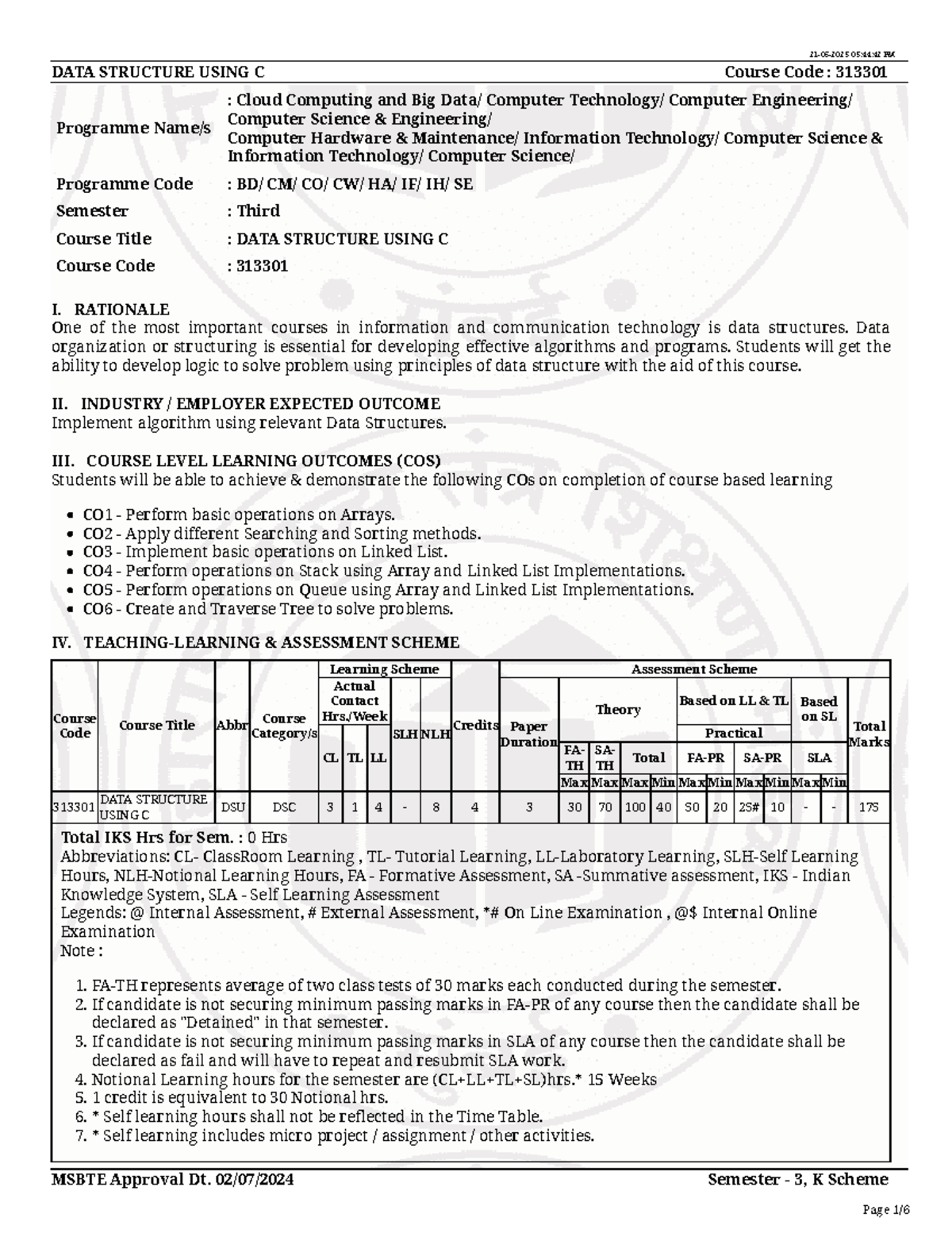 313301 - DATA STRUCTURE USING C: Course Overview and Learning Outcomes - Studocu