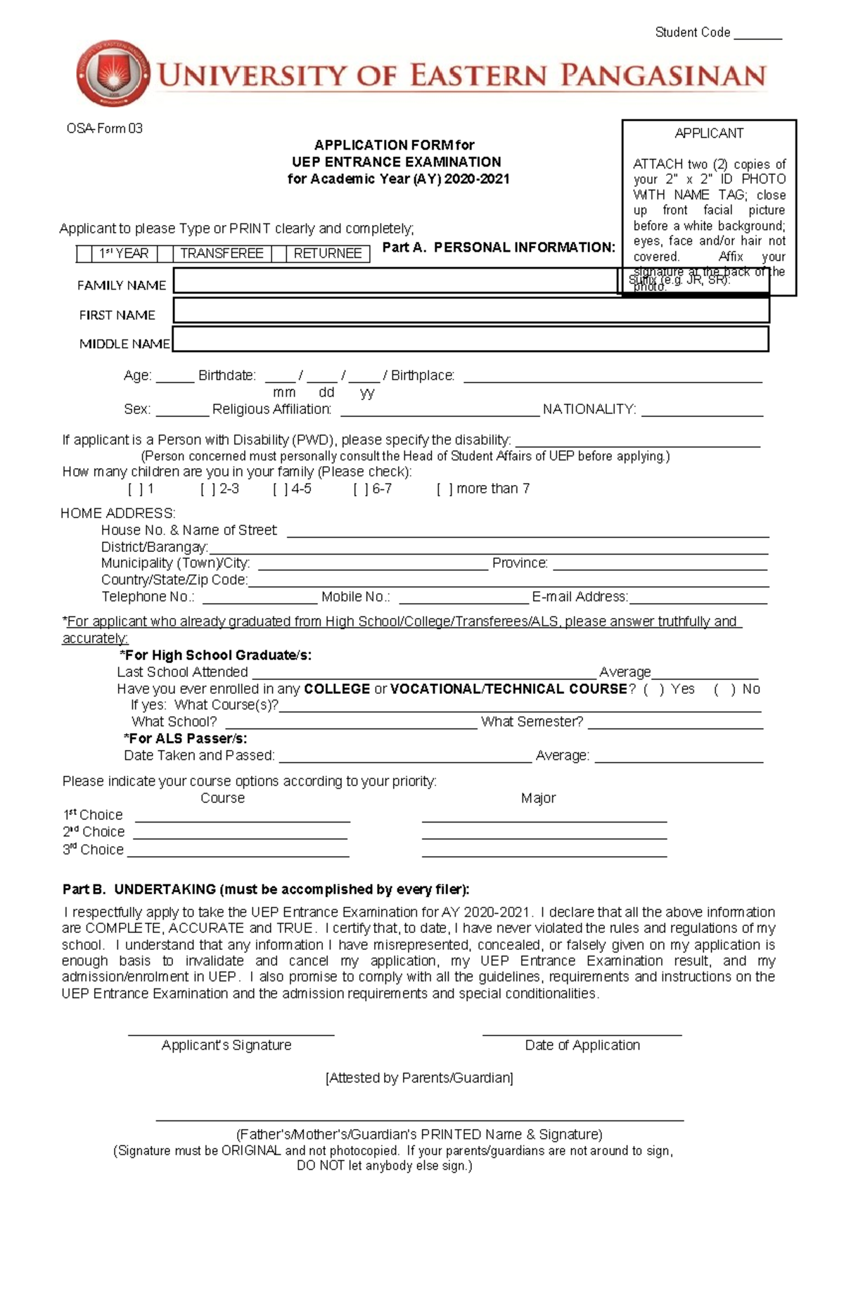 UEP Entrance Exam Application Form - AY 2020-2021 - Studocu