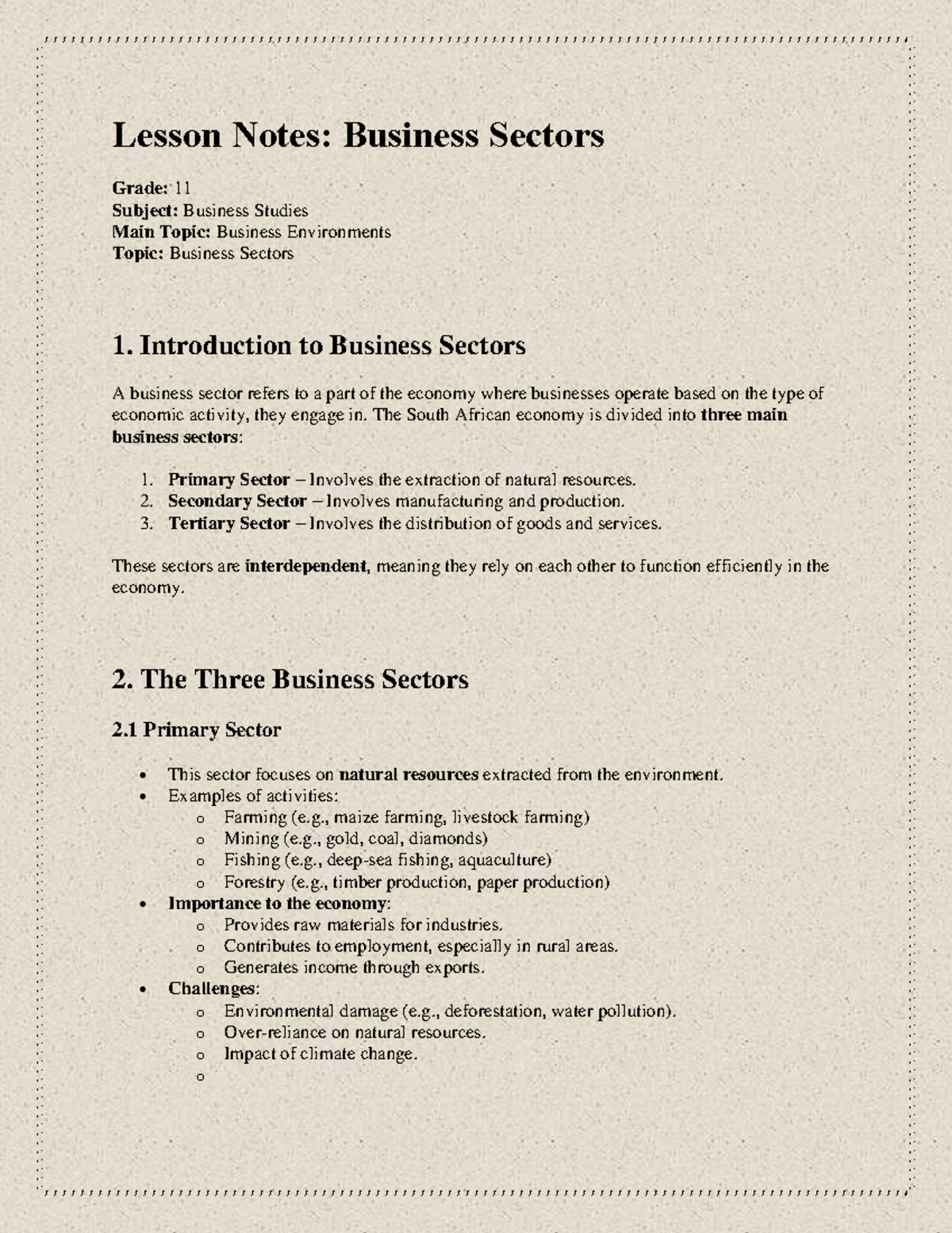 Grade 11 Business Studies: Lesson Notes on Business Sectors - Studocu