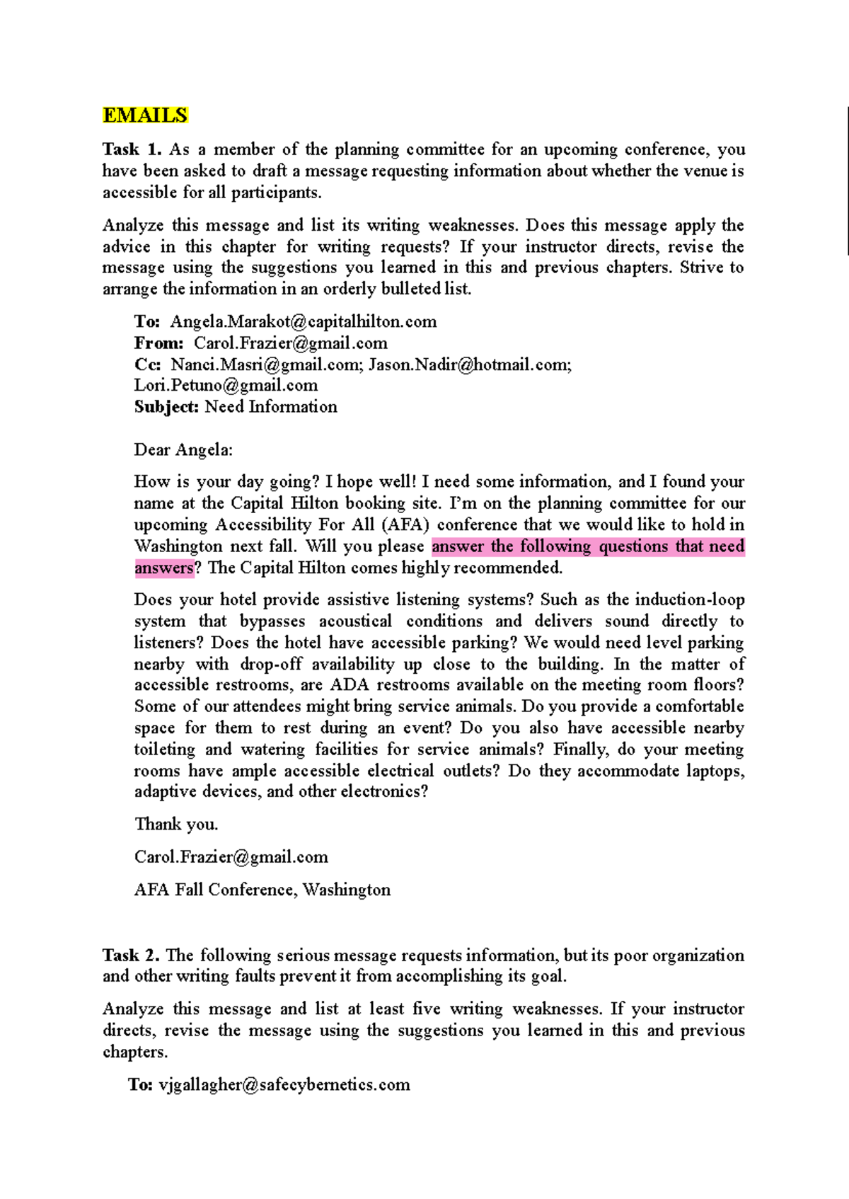 Emails Writing- Practice - EMAILS Task 1. As a member of the planning ...
