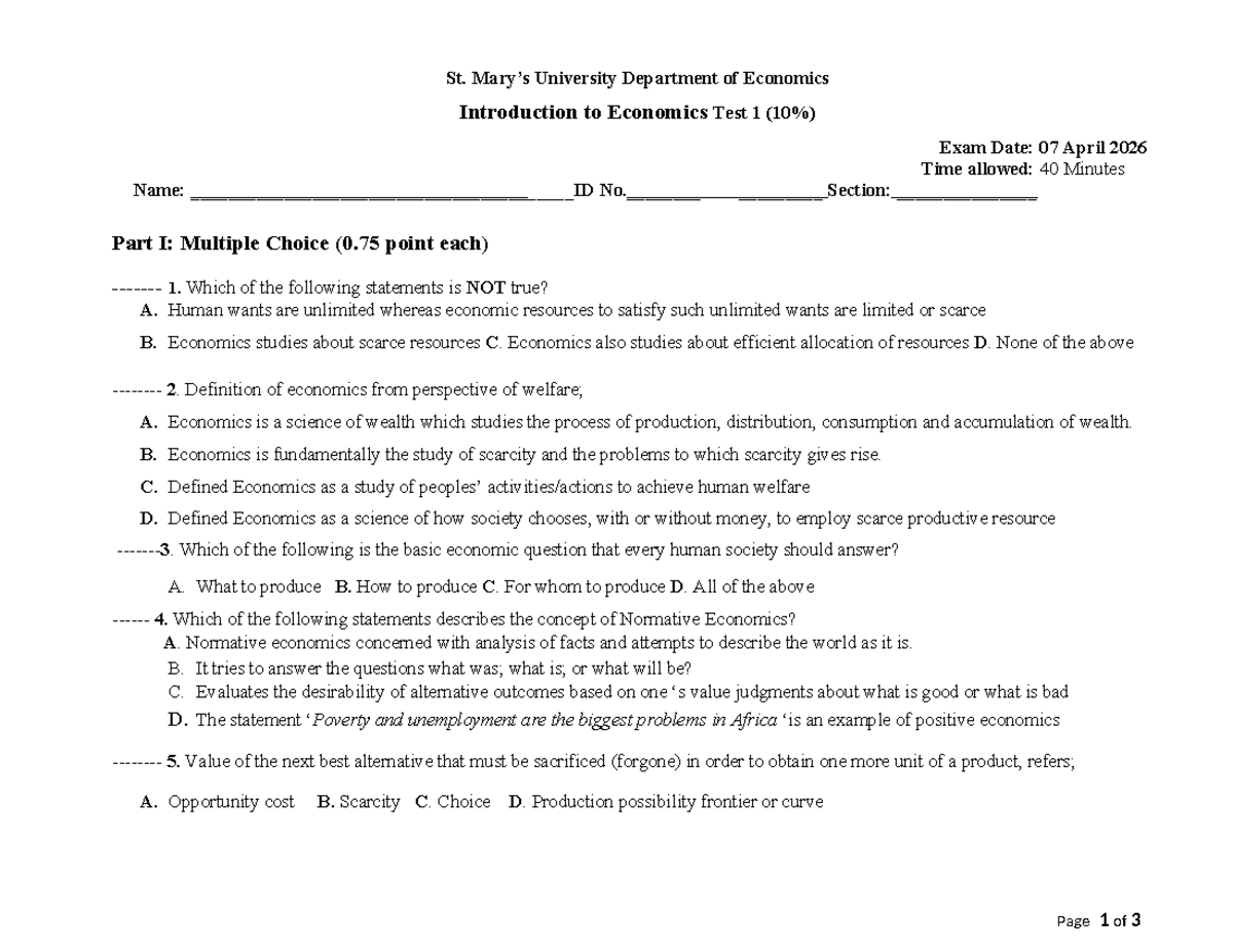 Economics Test 1 - St. University - Department of Economics - Studocu