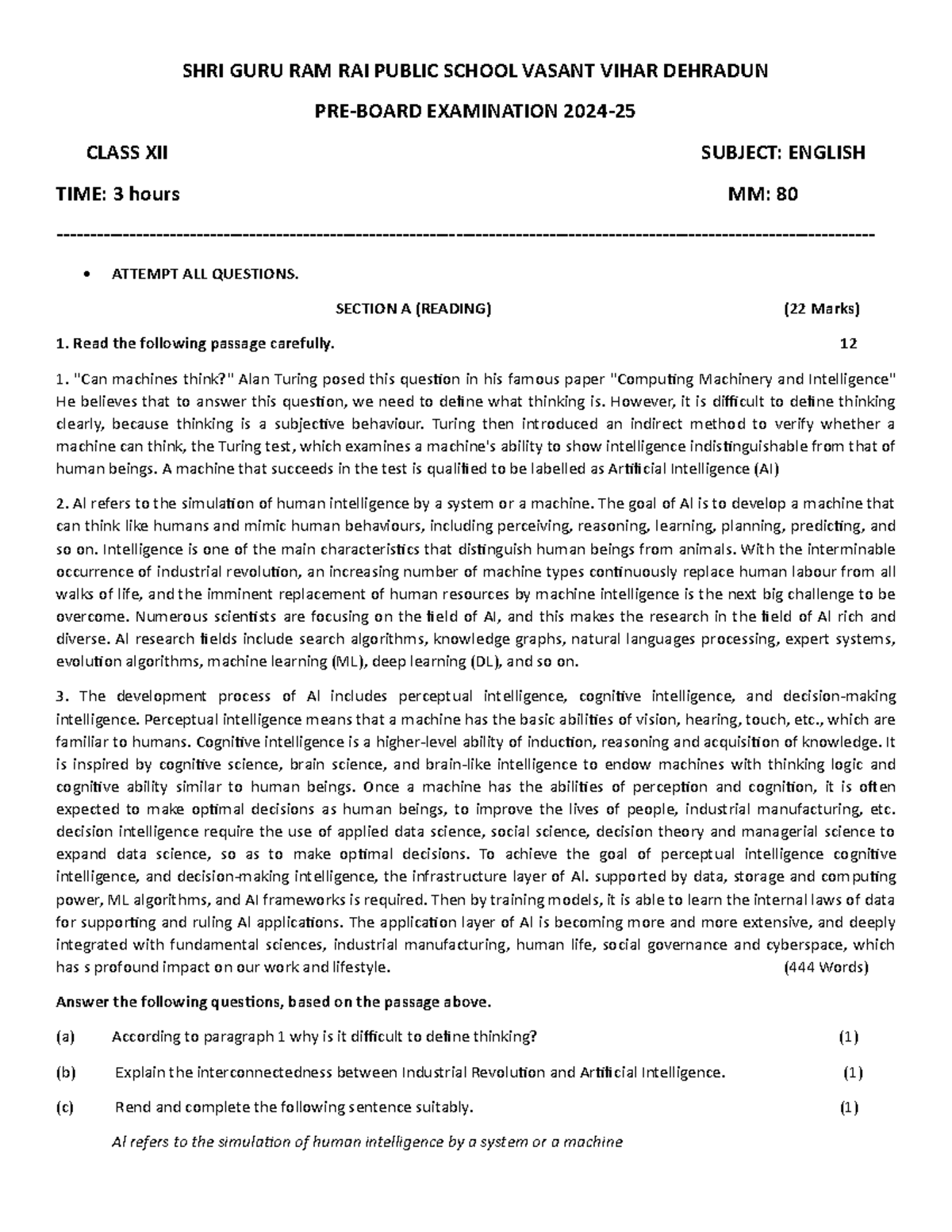 Preboard xii eng - ....... - SHRI GURU RAM RAI PUBLIC SCHOOL VASANT ...