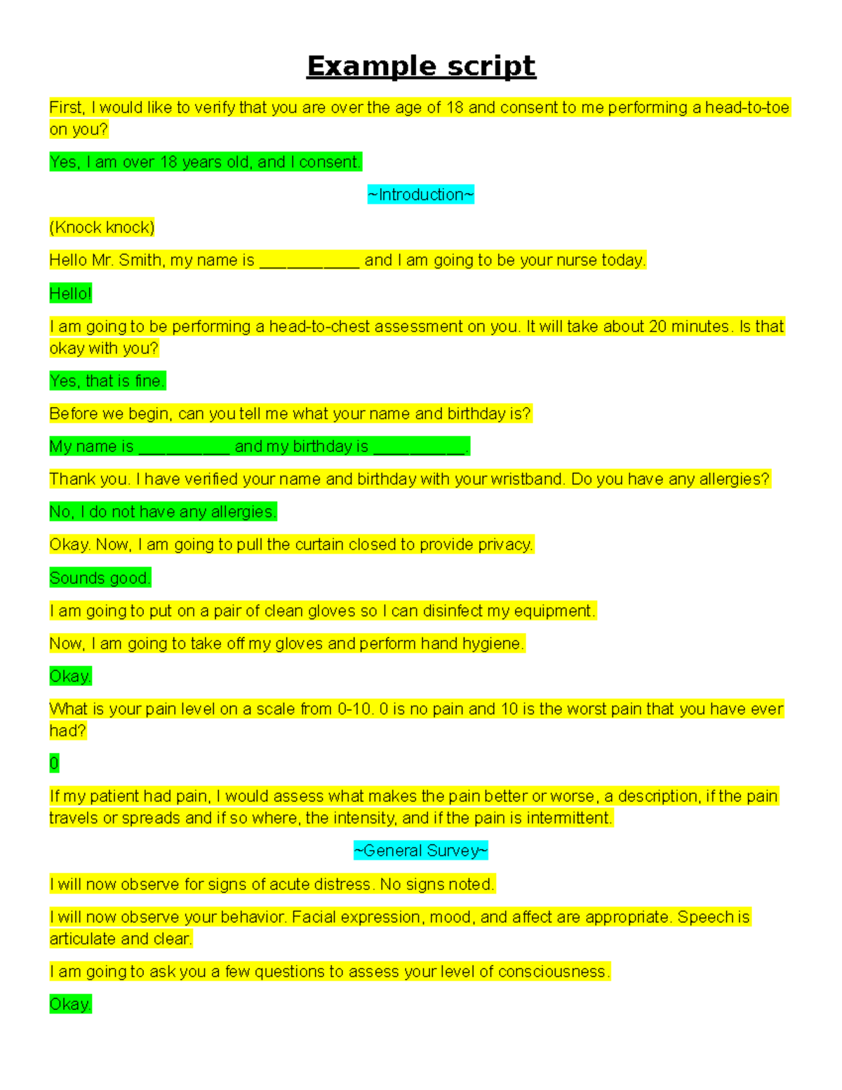 Head-to-Chest Assessment Script for Nursing Practice (NUR 101) - Studocu