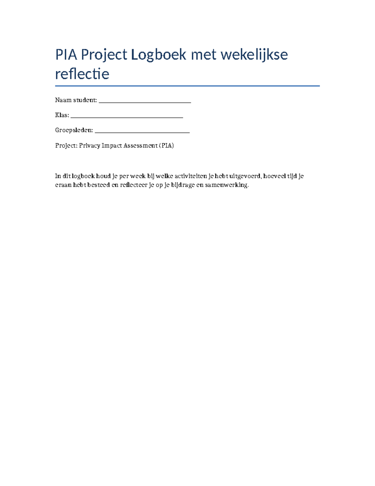 Logboek PIA Project Reflecties en Activiteiten per Week - Studeersnel