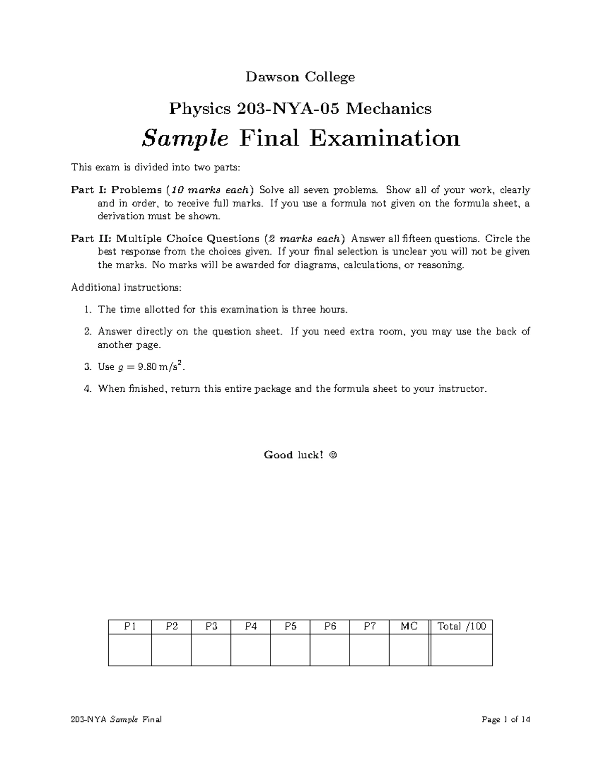 Sample Final Exam Physics 203-NYA-05 Mechanics Overview - Studocu