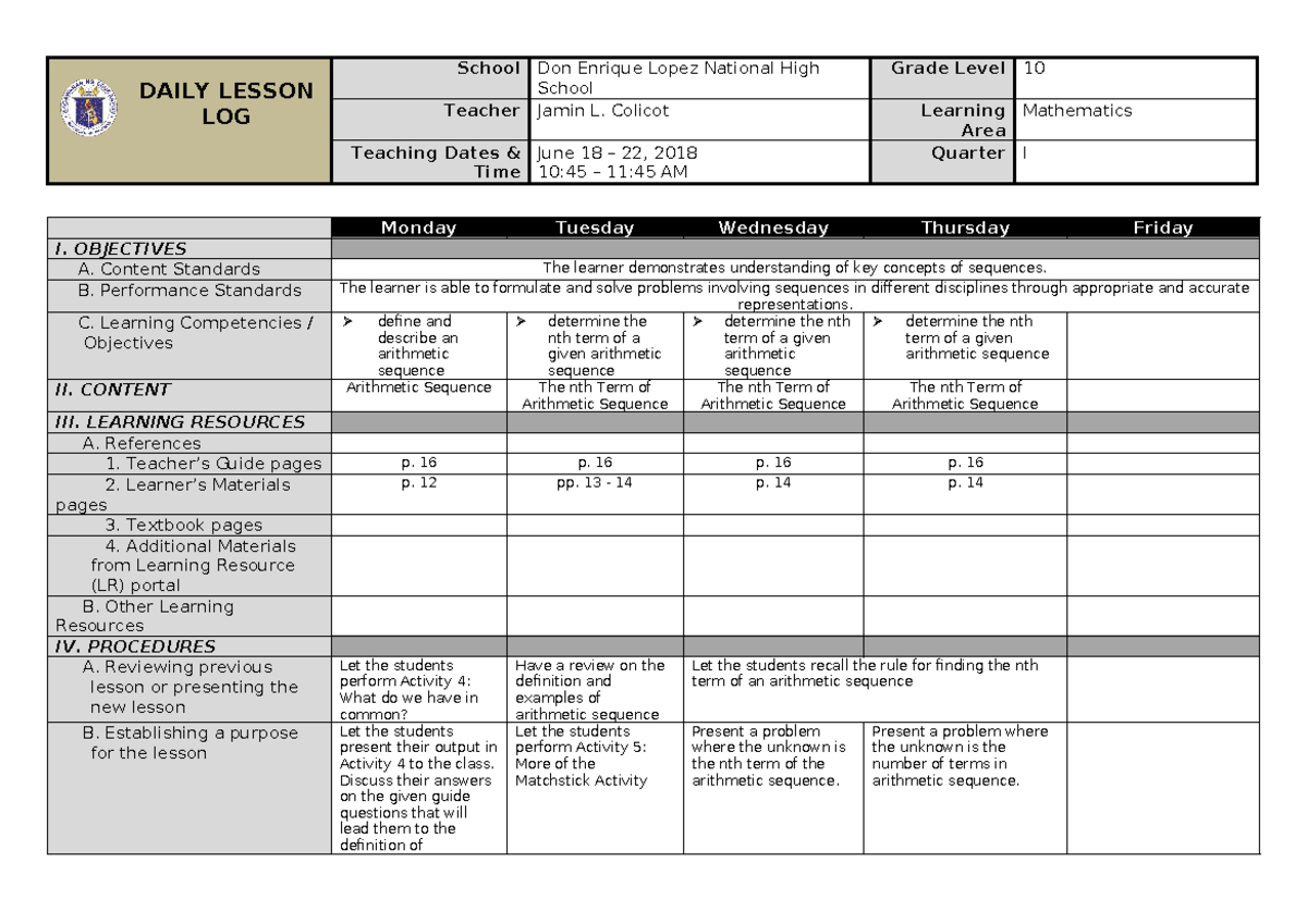 Grade 10 Math Daily Lesson Log Q1W2: Understanding Arithmetic Sequences ...