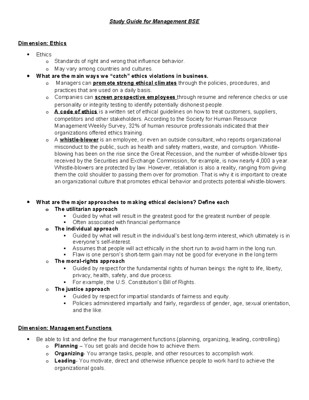 Study Guide for Management BSE: Ethics & Functions Overview - Studocu