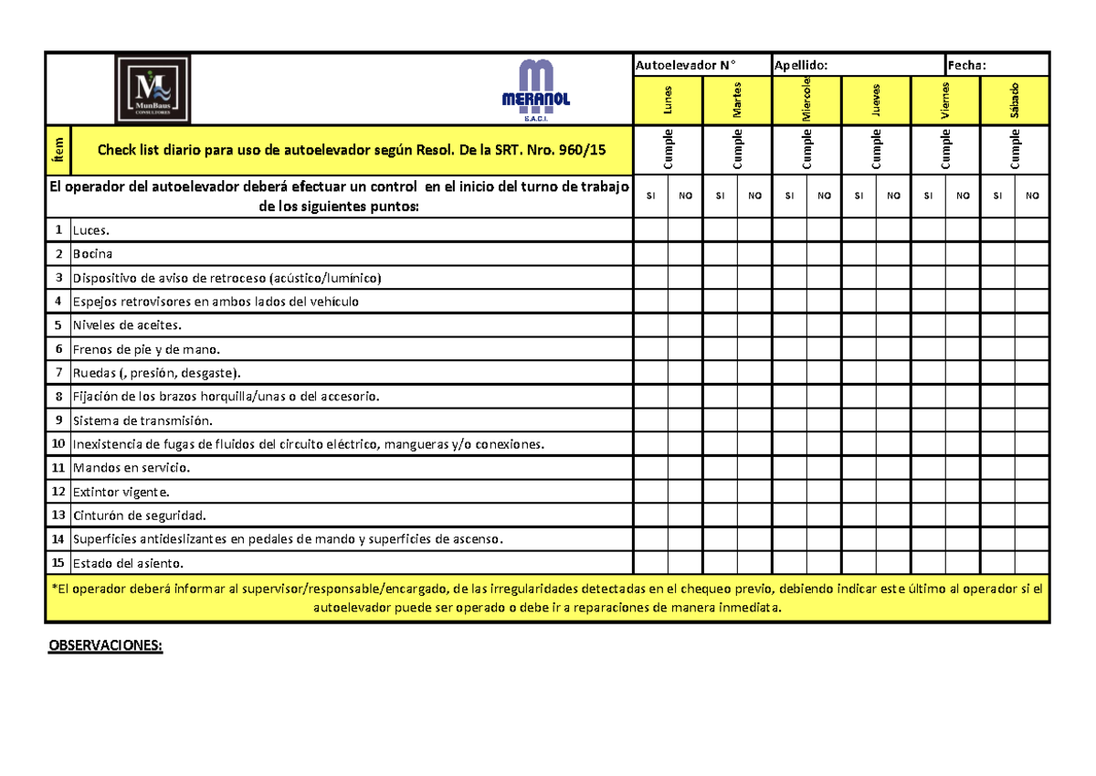 Checklist Diario para Autoelevadores 2020: Inspección y Control - Studocu