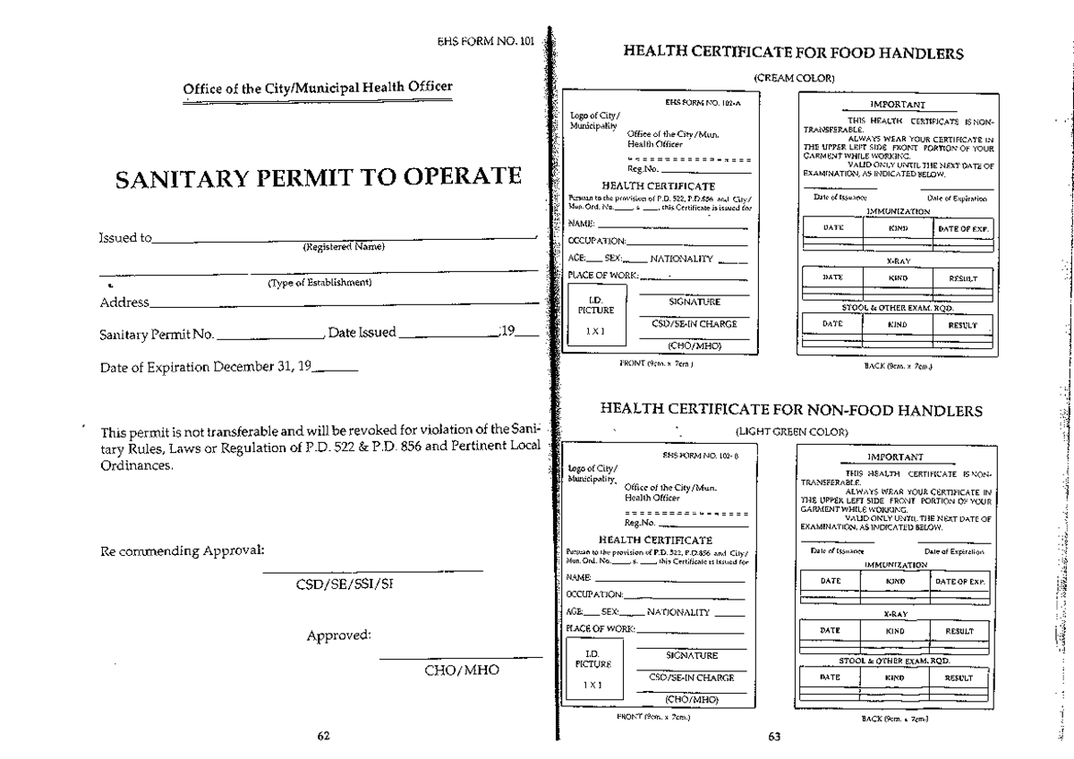 EHS FORM NO. 101 Health Certificate for Food Handlers - Sanitary Permit ...
