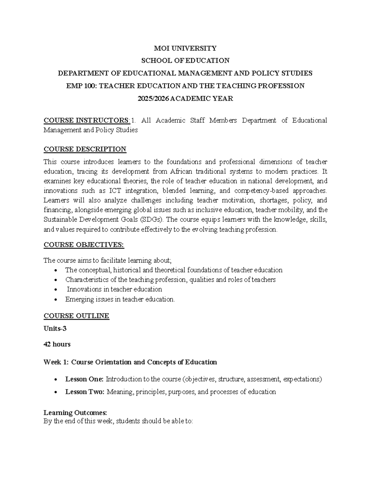 EMP 100: Teacher Education & Teaching Profession Course Outline - Studocu