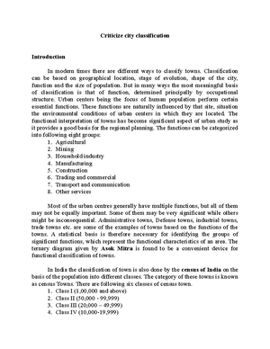 Classification of Indian Cities - Describe the classification of the ...