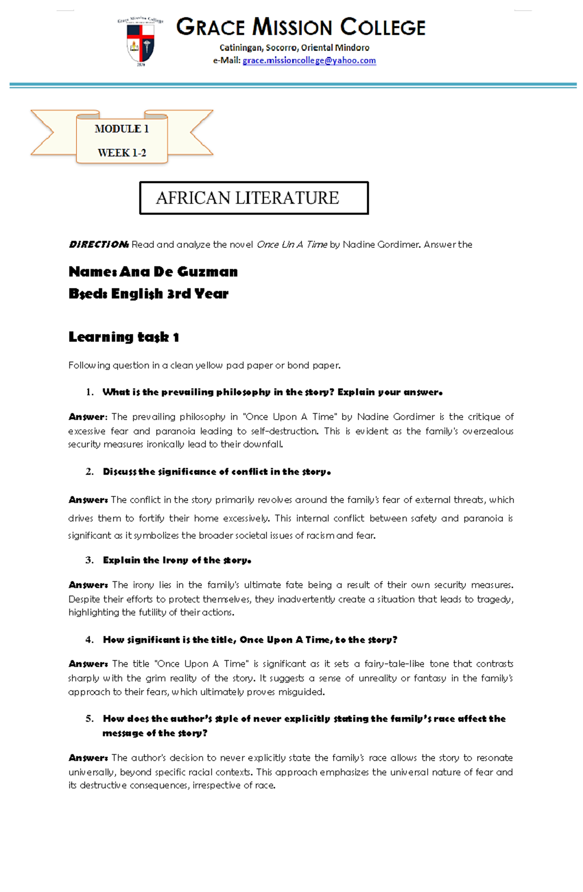 ENG 3Y: Module 1 Week 1-2 Assignments on Literary Analysis - Studocu
