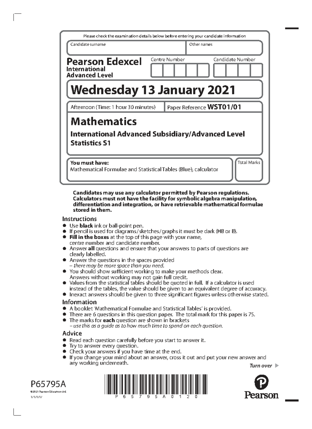 JAN 2021 Mathematics International A Level Statistics S1 Exam Paper ...