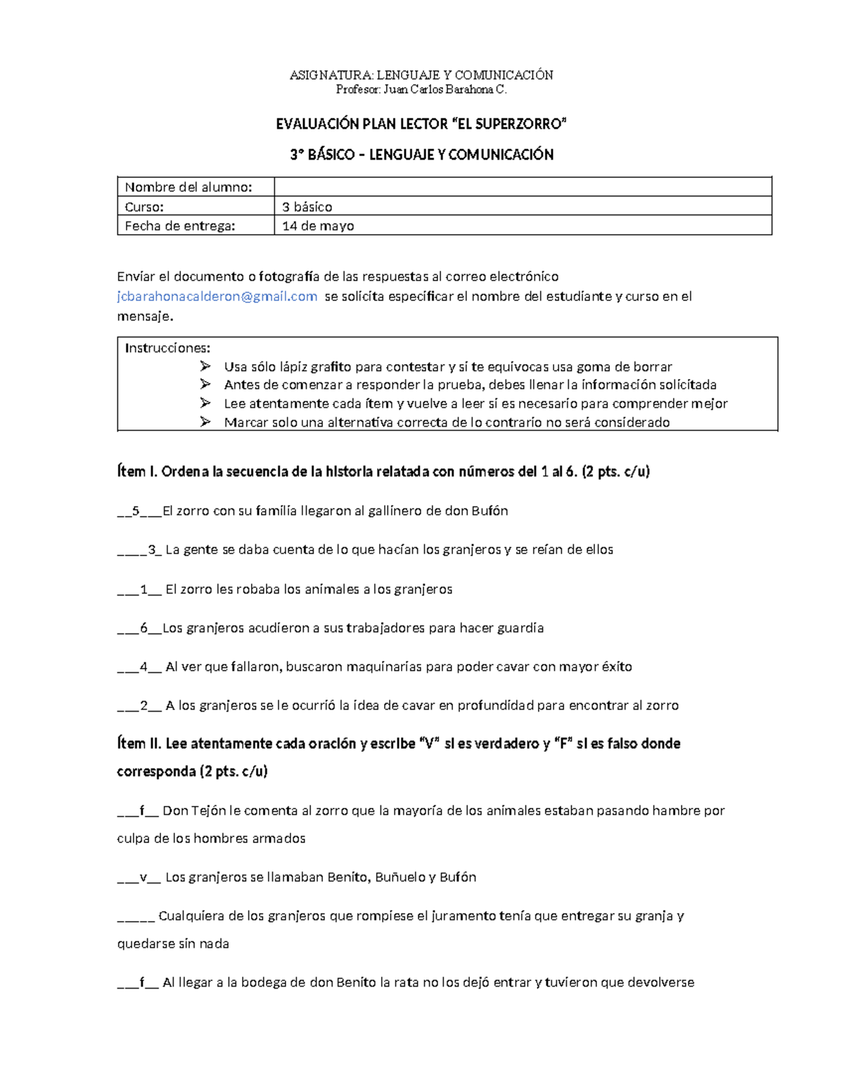 Evaluación Final Plan Lector "El Superzorro" - 3º Básico L&C - Studocu