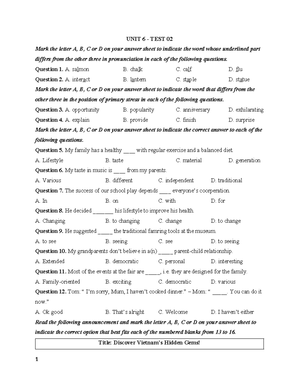 UNIT 6 - TEST 02 - Pronunciation and Stress Practice - Studocu