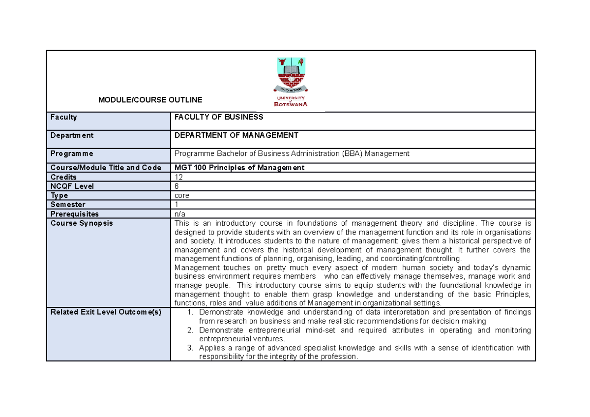 MGT 100 Principles of Management Course Outline 2023 - Studocu
