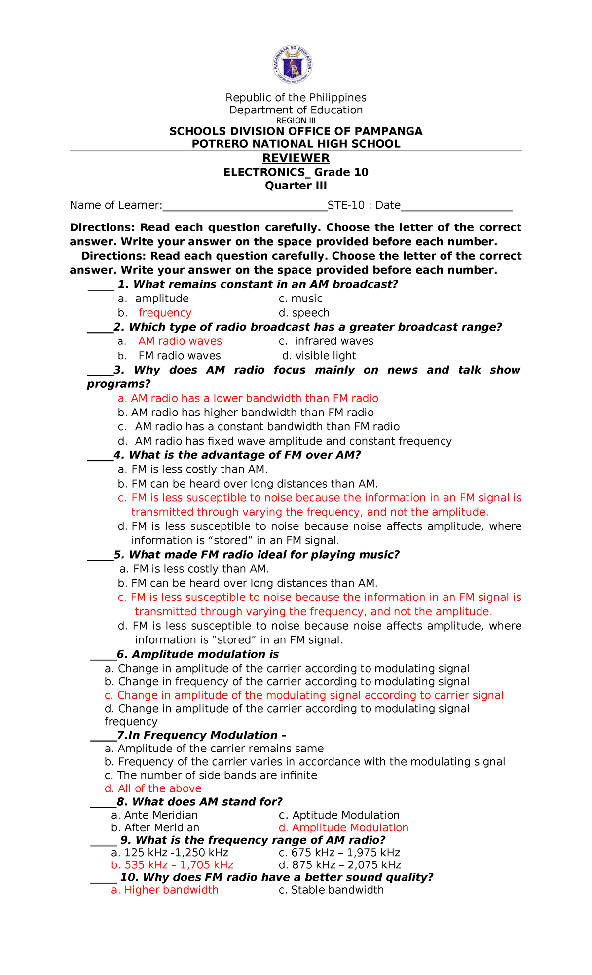 Grade 10 Electronics Reviewer: AM & FM Radio Concepts - Studocu
