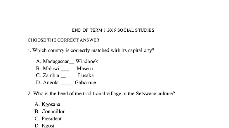 Social Studies 6 Term 1 2019 Exam: Multiple Choice Questions - Studocu
