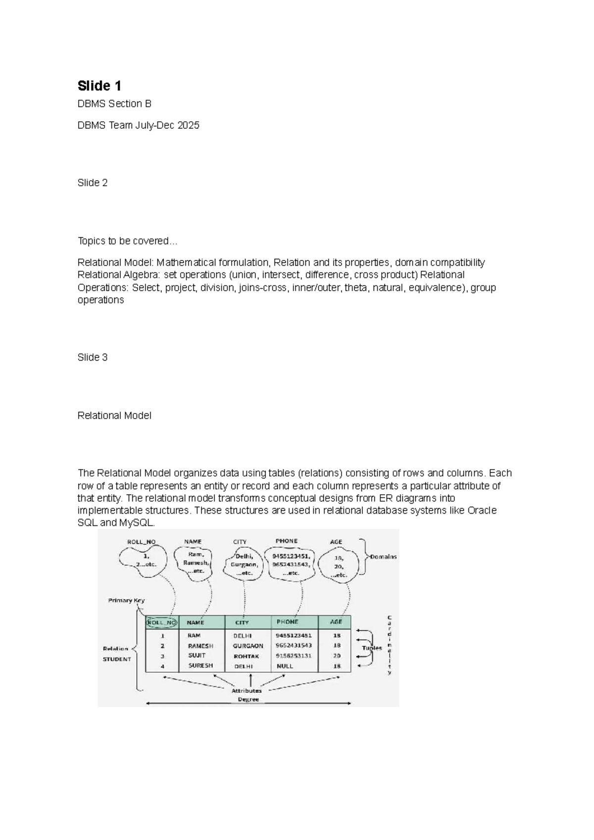 Section B DBMS Notes: Relational Model & Algebra Concepts - Studocu