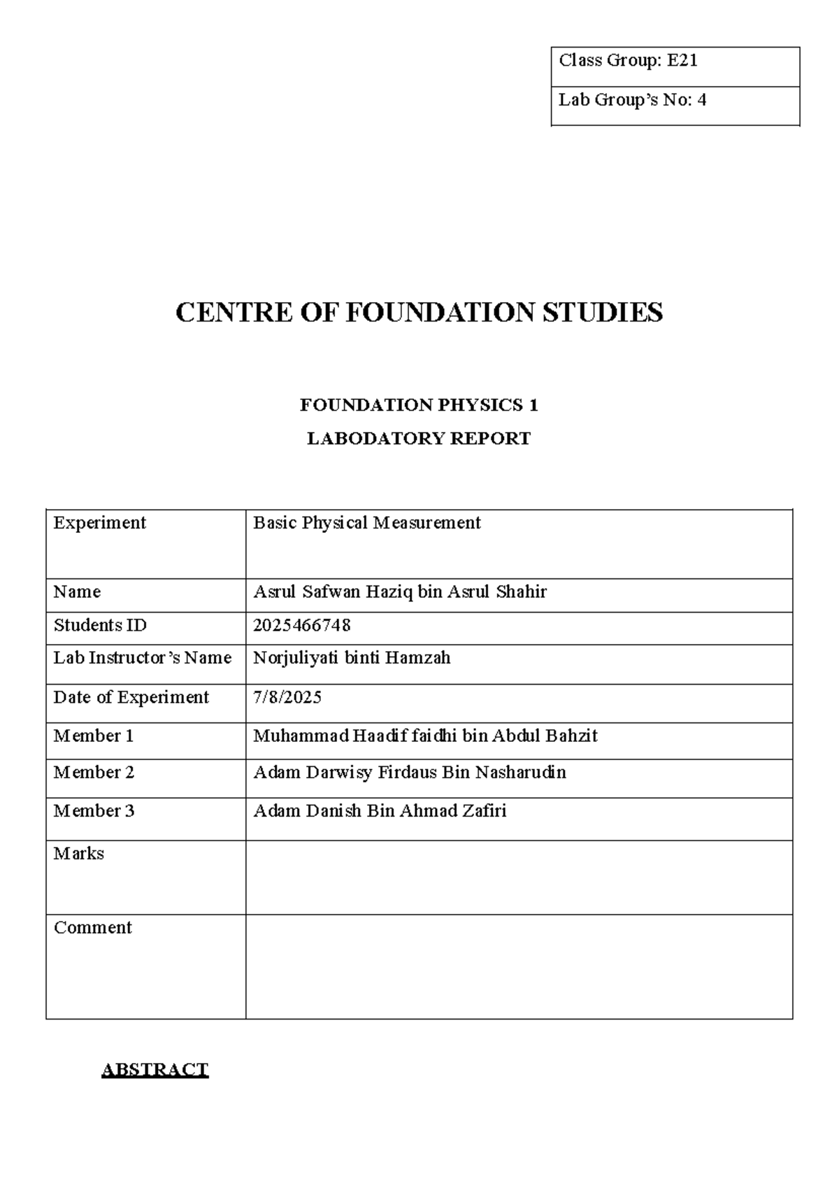 Foundation Physics 1 Lab Report: Basic Physical Measurement E21 - Studocu