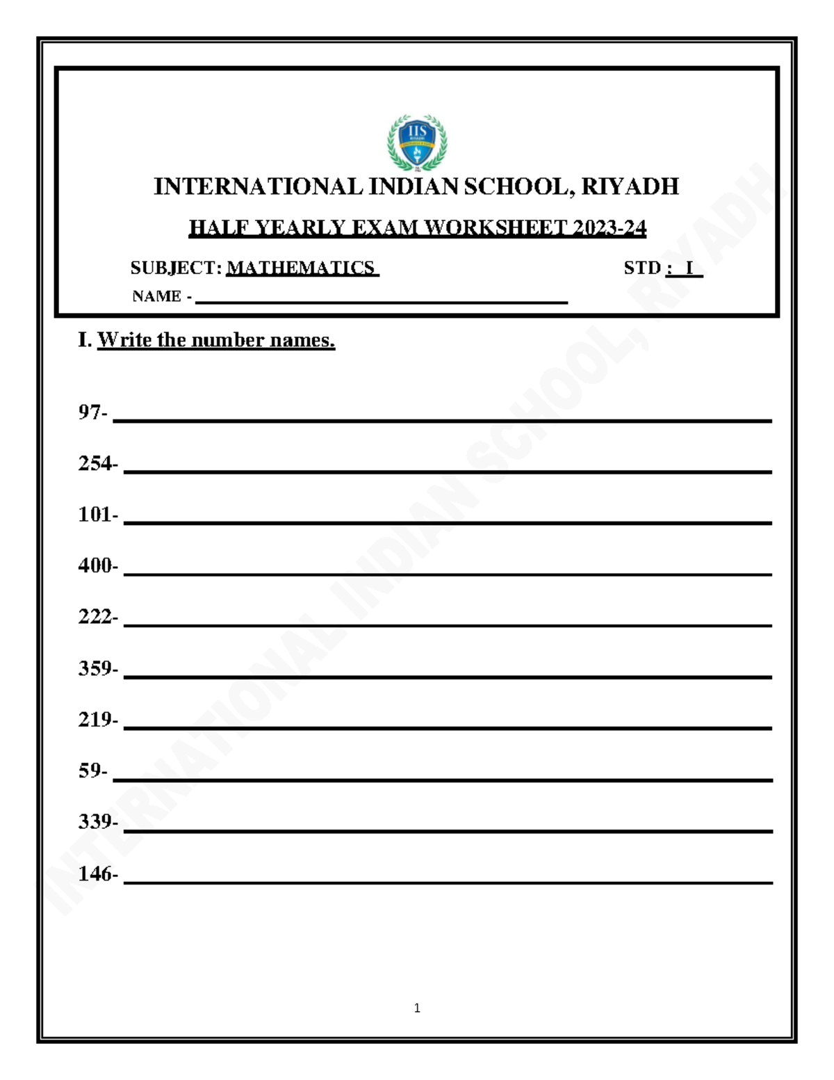 IIS Riyadh Half Yearly Exam Worksheet: Mathematics Std I - Studocu