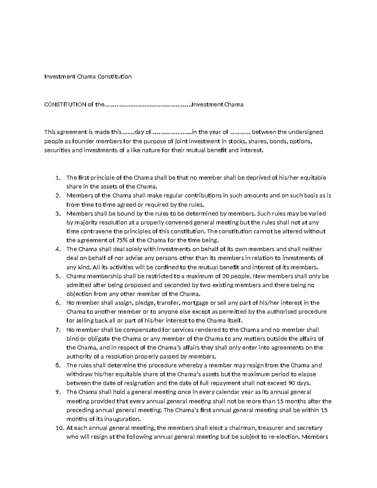 Investment Chama Constitution: Rules and Guidelines for Members - Studocu