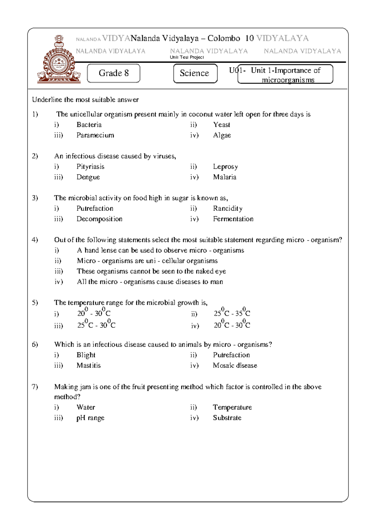 Grade 8 Science Unit Test Practice Paper: Units 1-4 Overview - Studocu