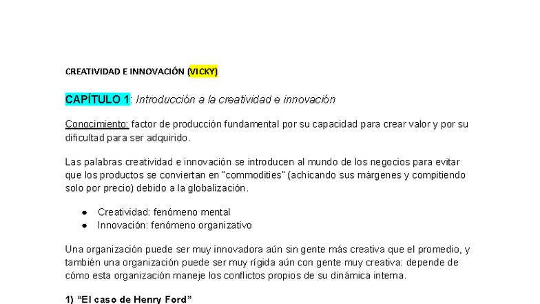 CREATIVIDAD E INNOVACIÓN (VICKY) - CAPÍTULO 1: Introducción a la Creatividad - Studocu