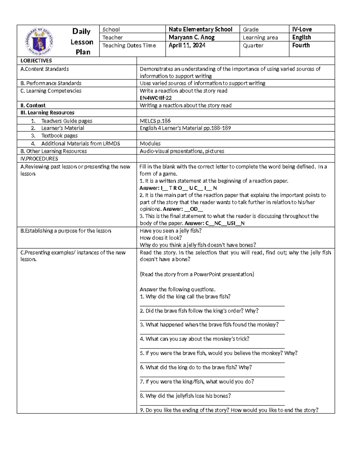 COT 4 Q4 Wk 2 - Lesson Plan on Writing Reaction Papers - Studocu