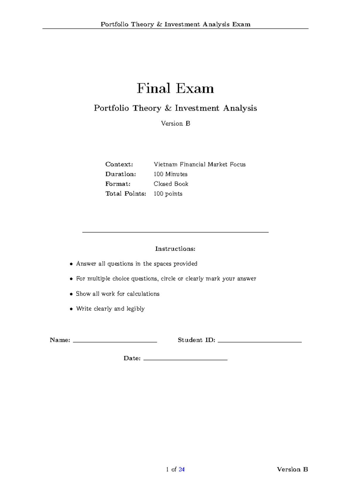 Portfolio Theory Investment Analysis Exam - Final Exam (Version B ...
