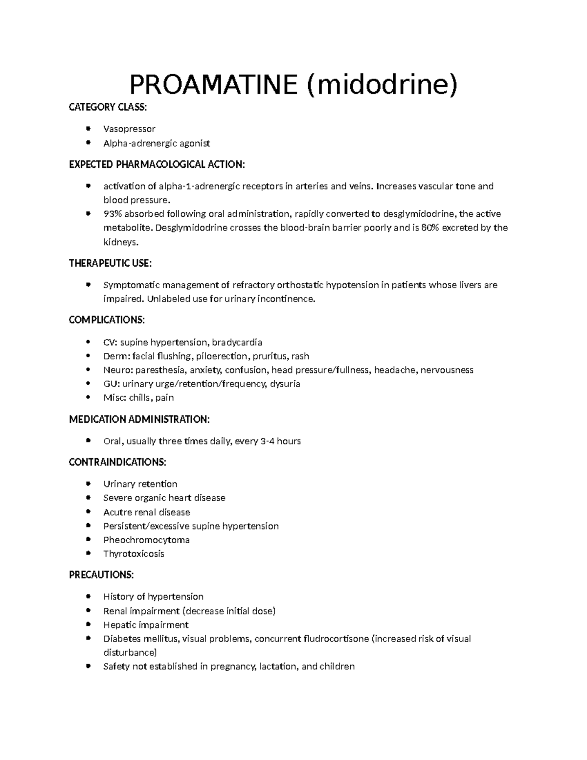 Midodrine (Proamatine) Medication Card - Pharmacology & Safety Notes ...