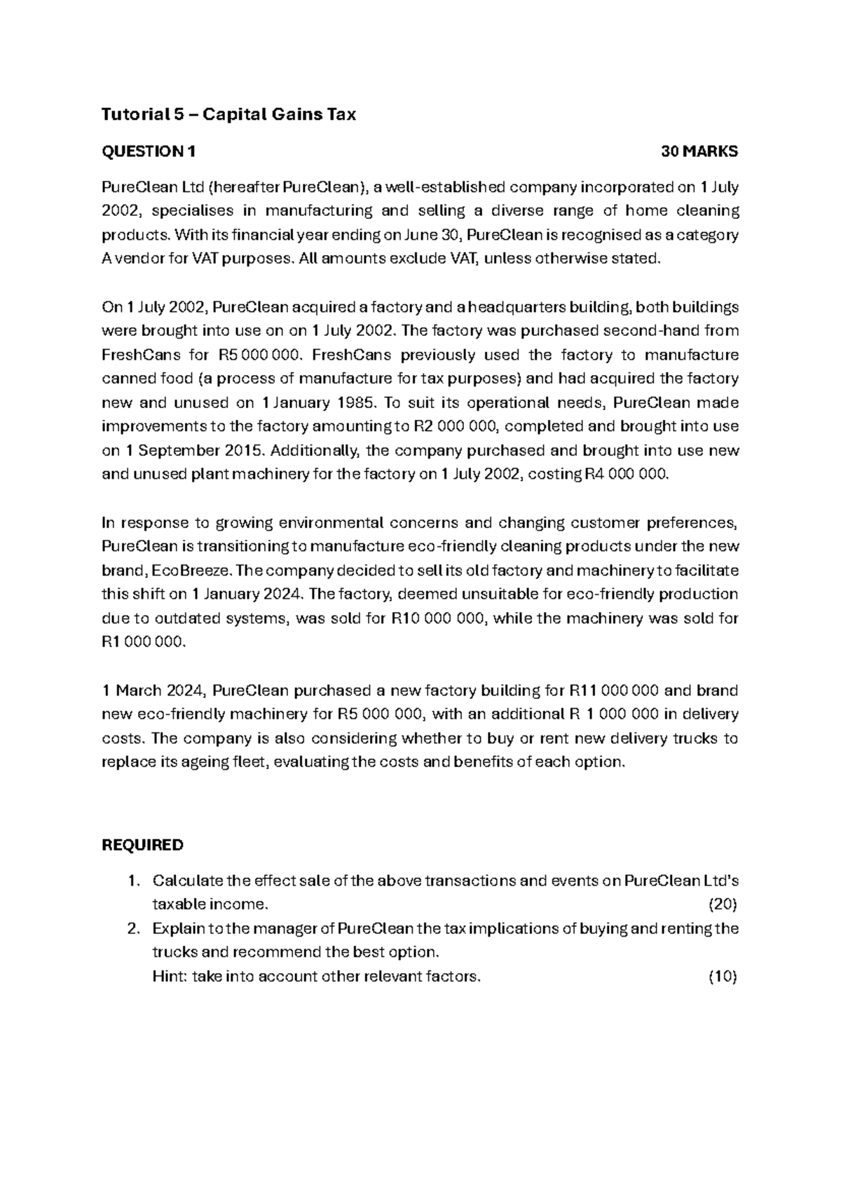 Tutorial 5 - CGT Analysis and Tax Implications for PureClean Ltd - Studocu