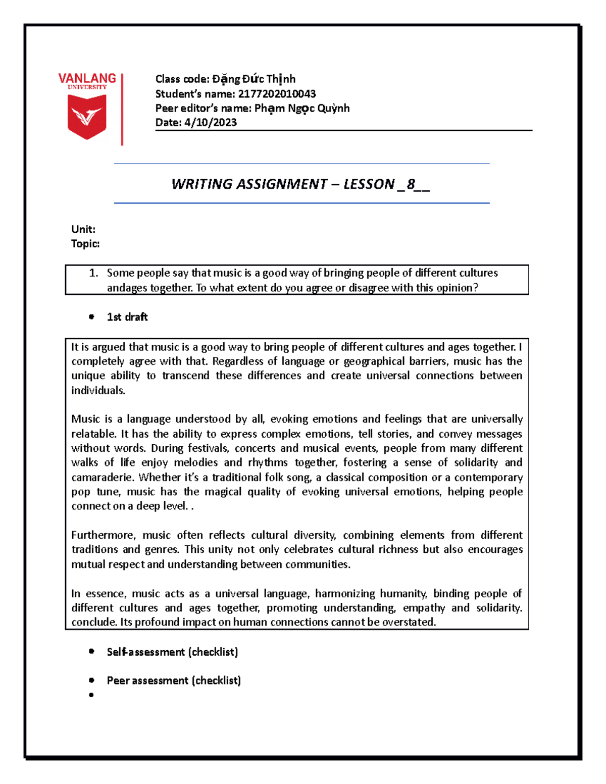 Template Writing assignment - Class code: Đ ặng Đ ức Th nh ị Student’s ...