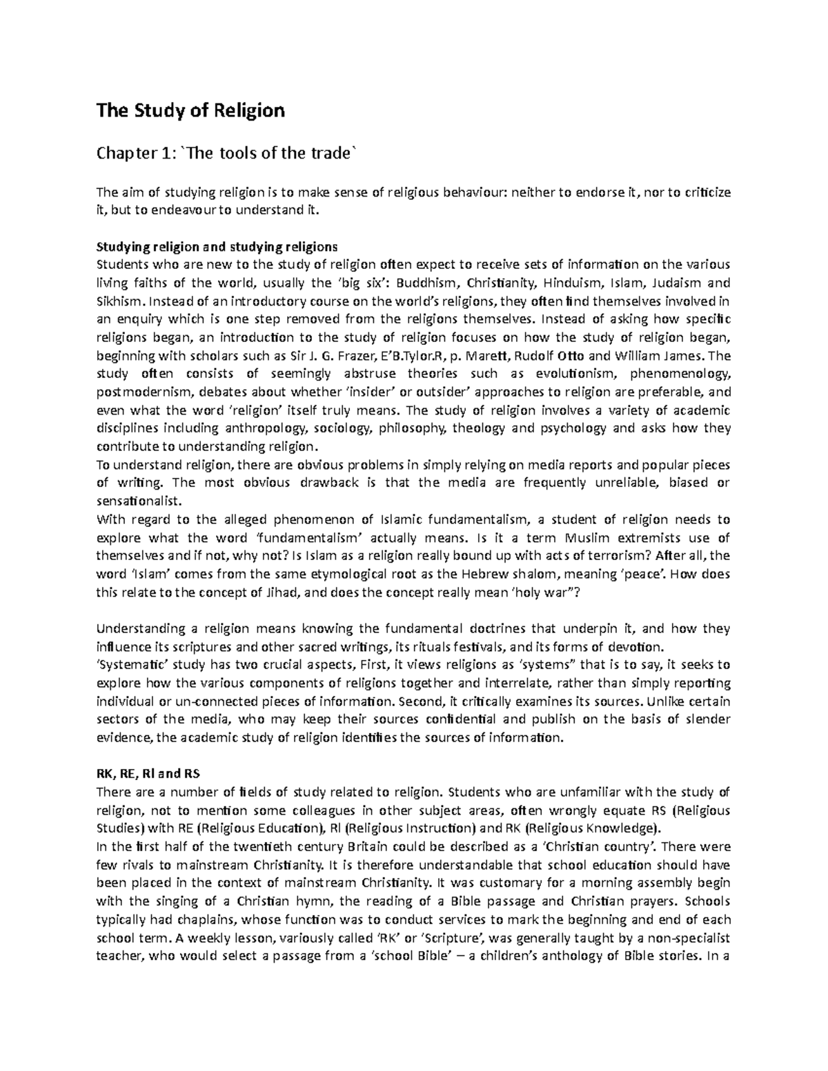 The Study of Religion: Chapter 1 Notes on Tools of the Trade - Studeersnel